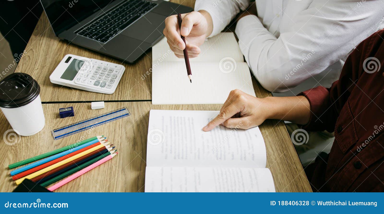 Two Student Reading Textbook for Test Together in Library Stock Photo ...