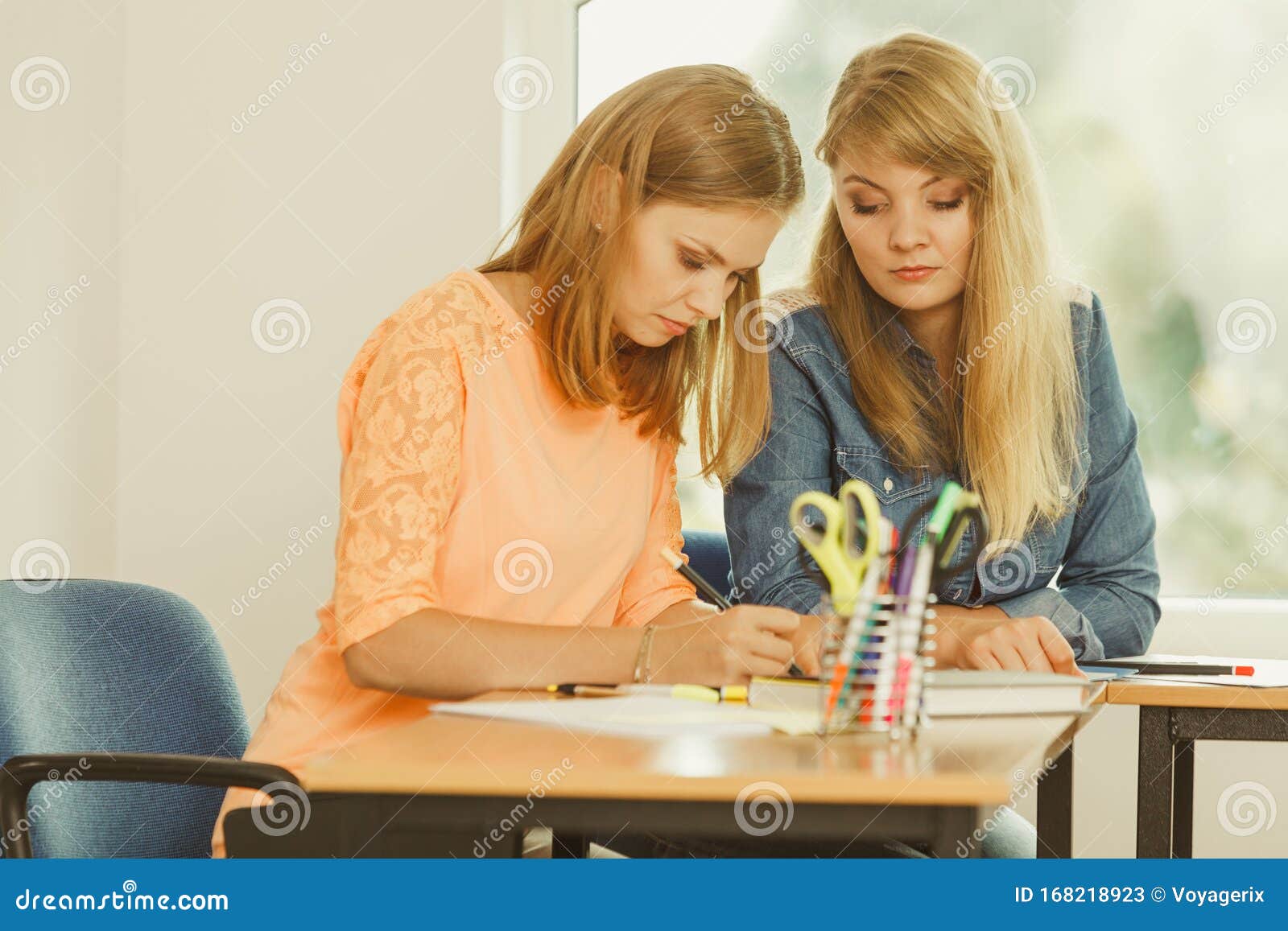 Two students in class stock image. Image of people, lecture - 168218923