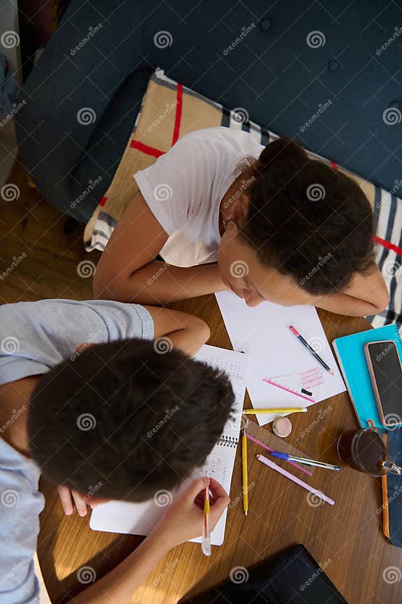 Two Students Collaborating on Homework at a Cozy Study Space Stock ...