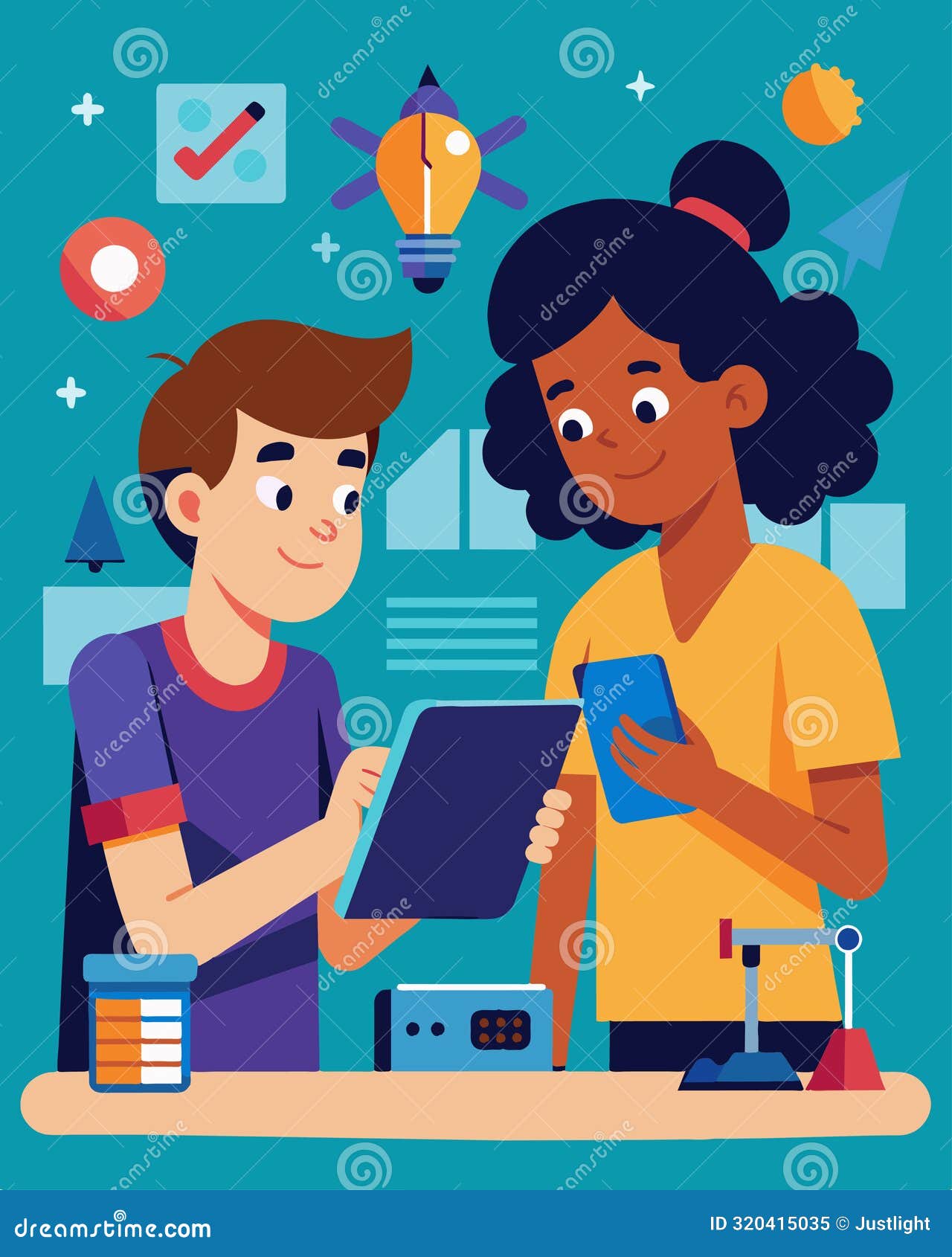 Two Students Collaborating on a STEM Project Using Tablets and Design ...