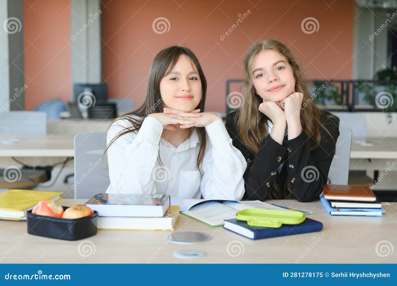 Two Students Doing Homework Together and Helping Each Other Sitting in ...