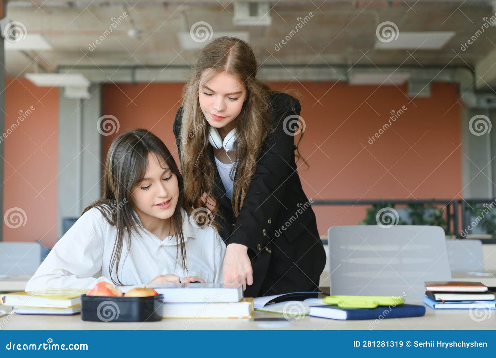 Two Students Doing Homework Together and Helping Each Other Sitting in ...