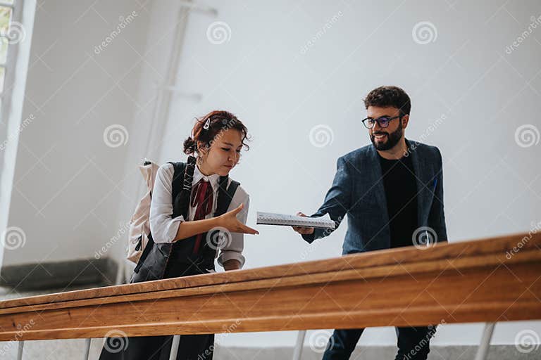 Two Students Exchanging Notes on a Staircase in a Building Stock Photo ...