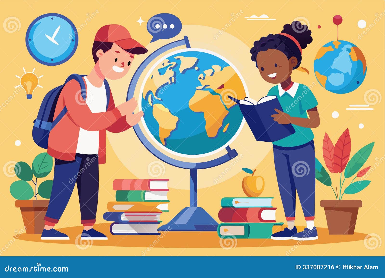 Two Students Explore a Flat Globe Map while Studying Geography in a ...