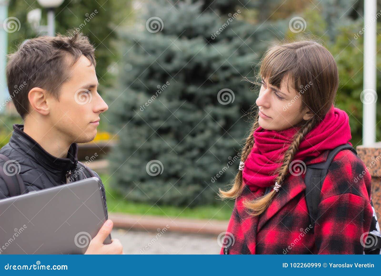 Two Students Talking Outdoor Stock Image - Image of notebook, casual ...