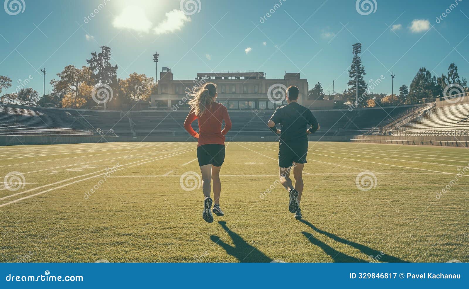 Two Students Jog Across a College Stadium Field Under the Sun Stock ...