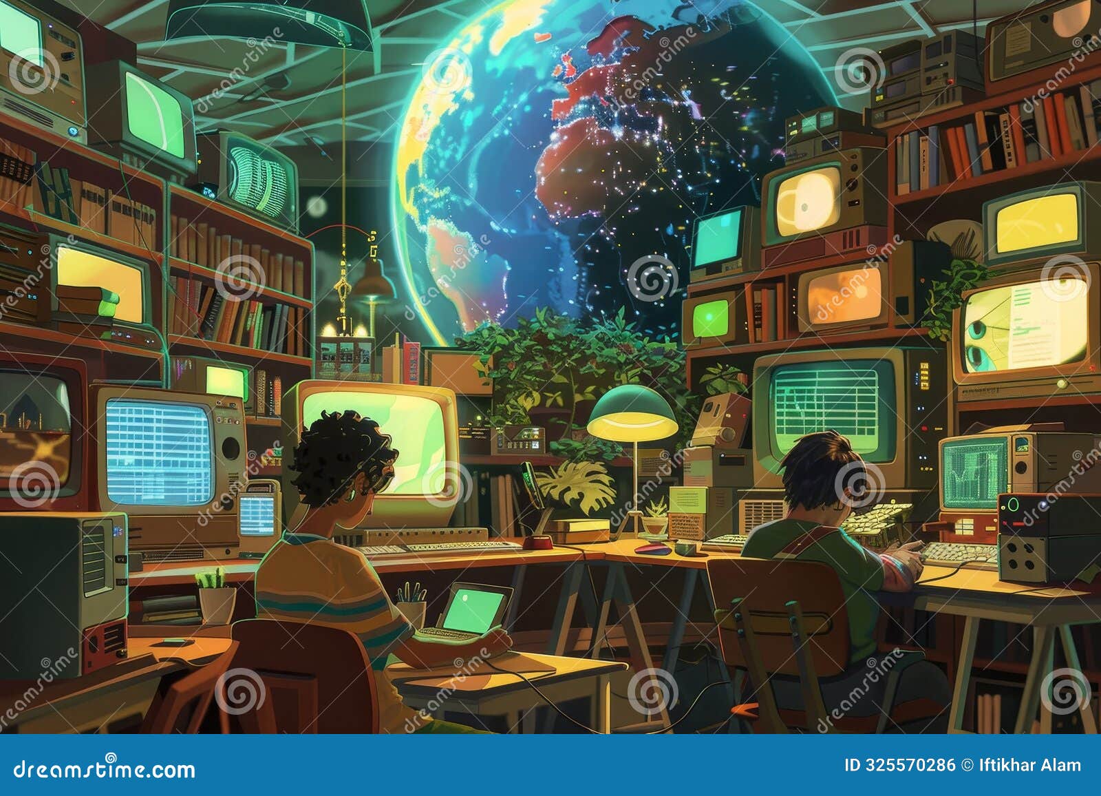 Two Students Learn on Computers Surrounded by Vintage Tech, with a ...