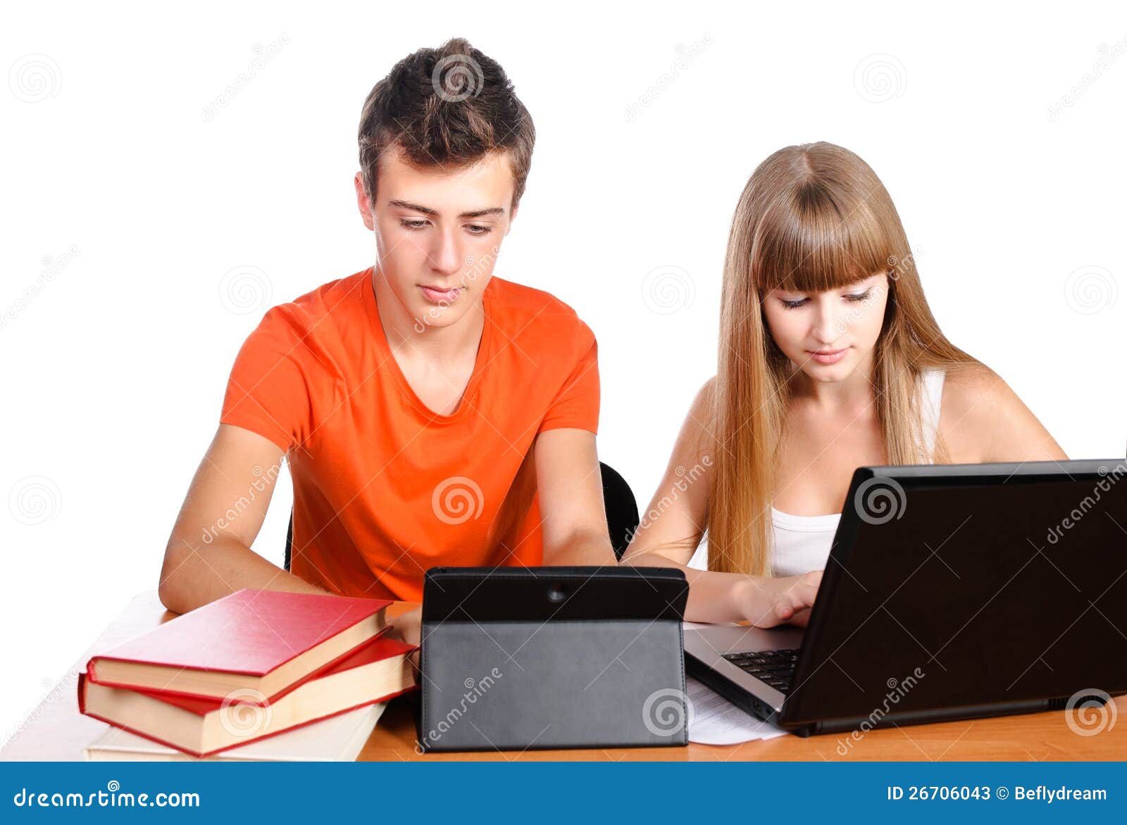 Two Students Learning with Books and Laptop Stock Image - Image of book ...