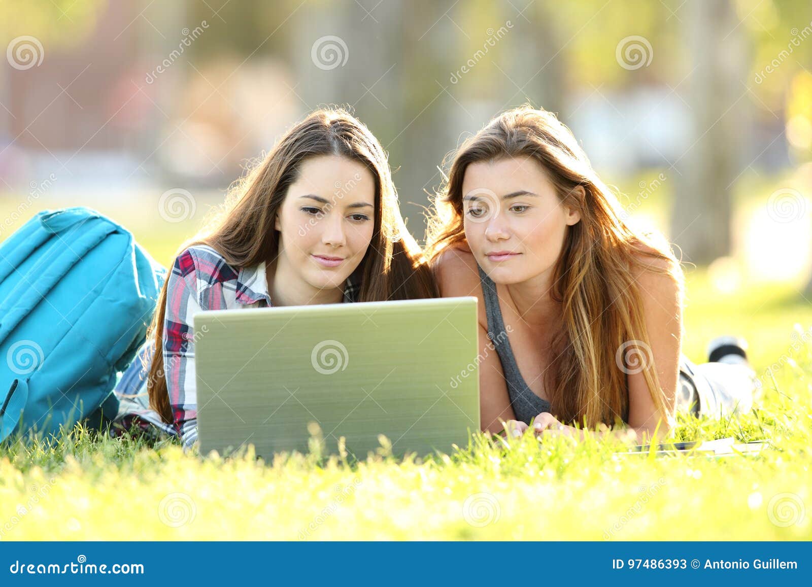 Two Students Learning on Line with Laptop Stock Image - Image of ...