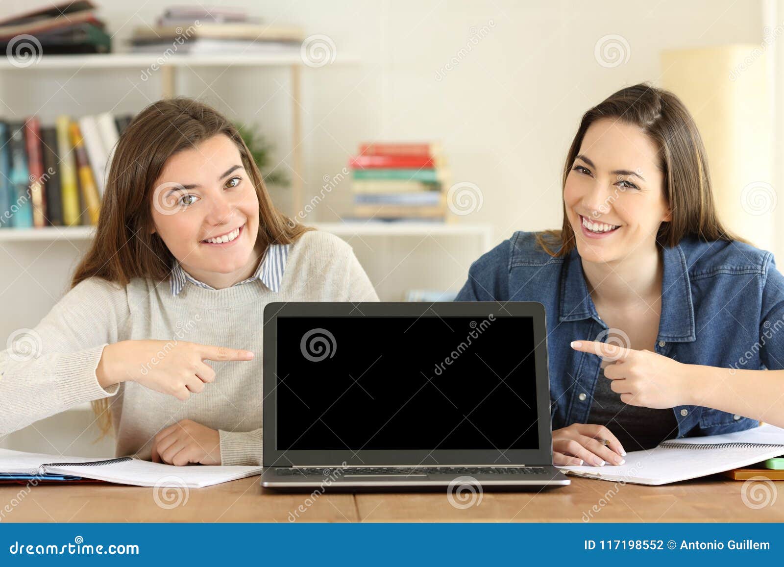 Two Students Pointing at Laptop Screen Mockup Stock Photo - Image of ...