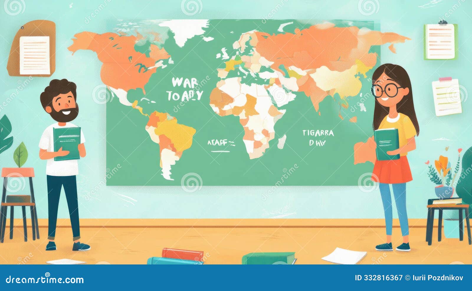 Students Presenting School Project about War and Peace with World Map ...