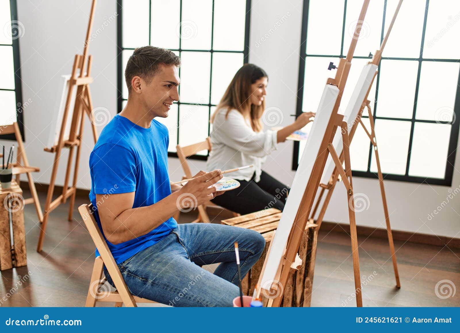 Two Students Smiling Happy Painting at Art School Stock Image - Image ...