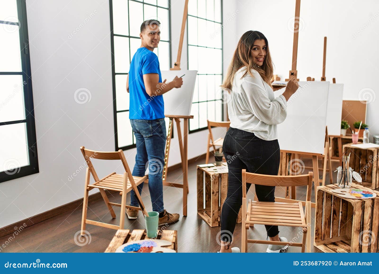 Two Students Smiling Happy Painting at Art School Stock Photo - Image ...