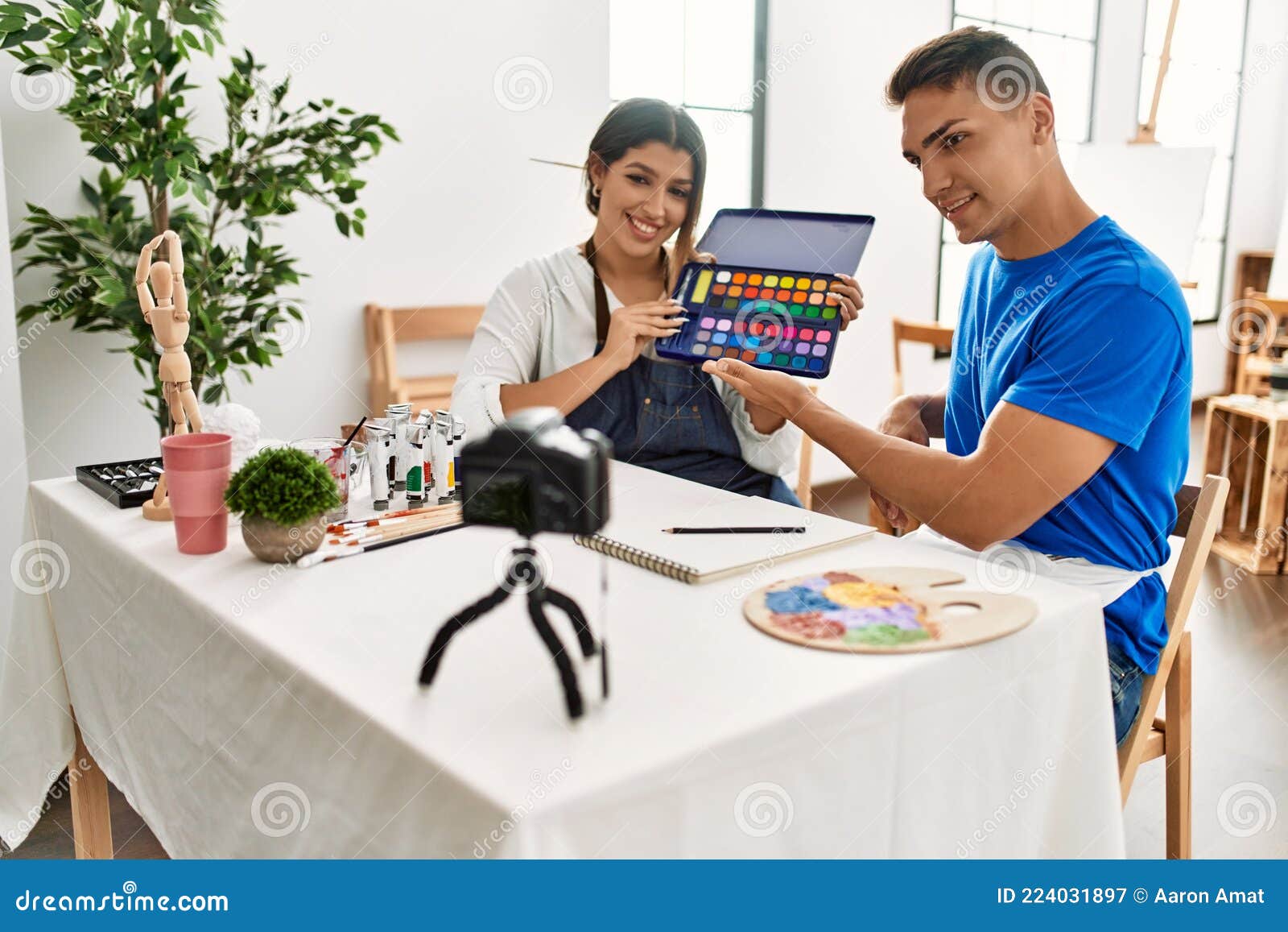 Two Students Smiling Happy Recording Paint Class Using Camera at Art ...