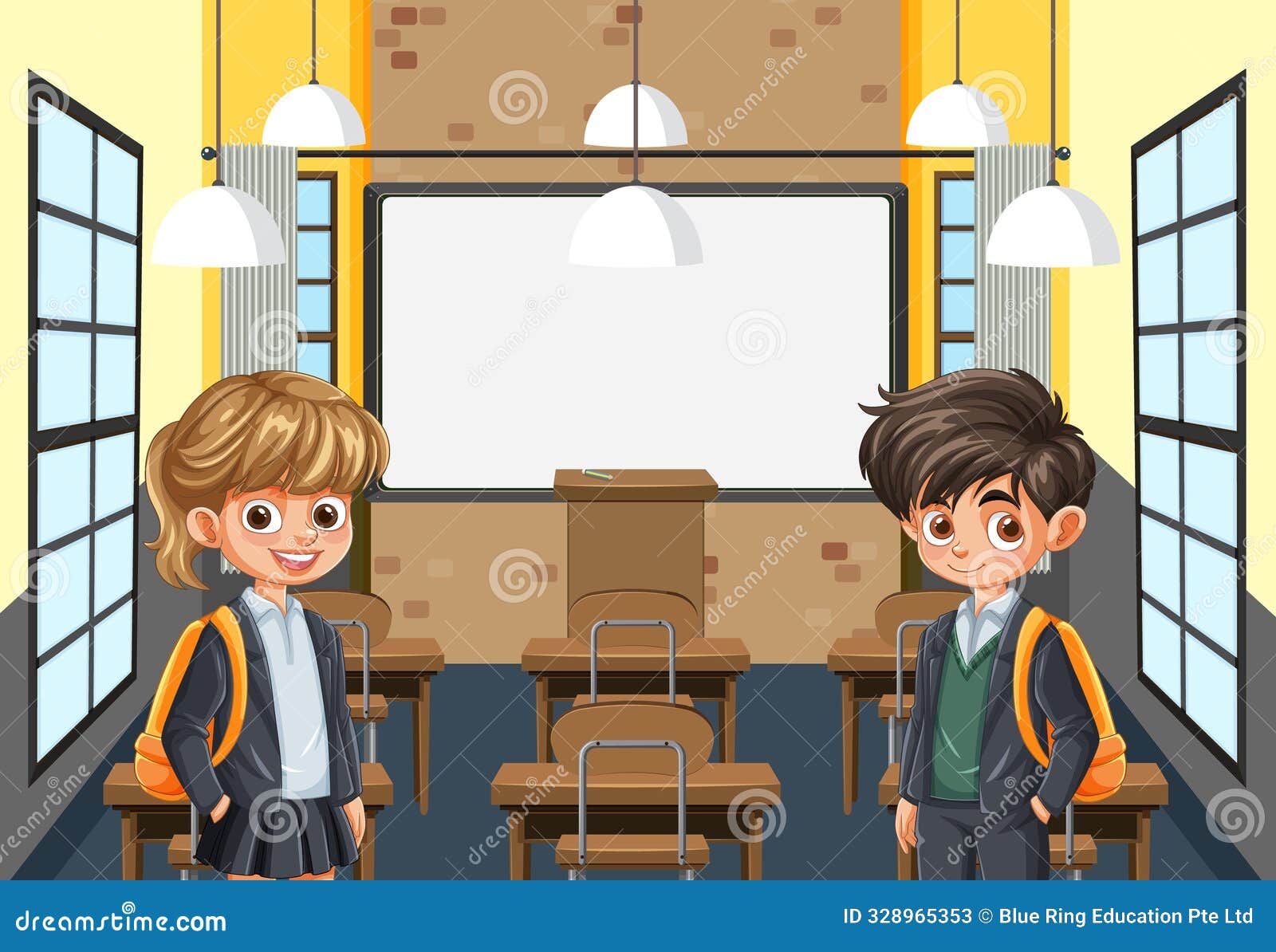Two students standing stock vector. Illustration of desks - 328965353