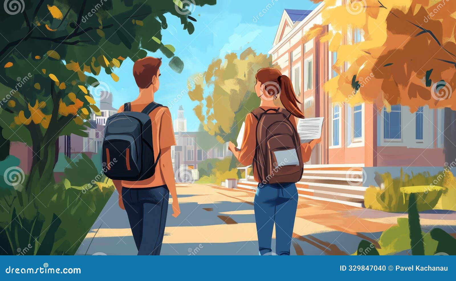 Two Students Stroll on a Campus Pathway Under Clear Skies Stock Photo ...