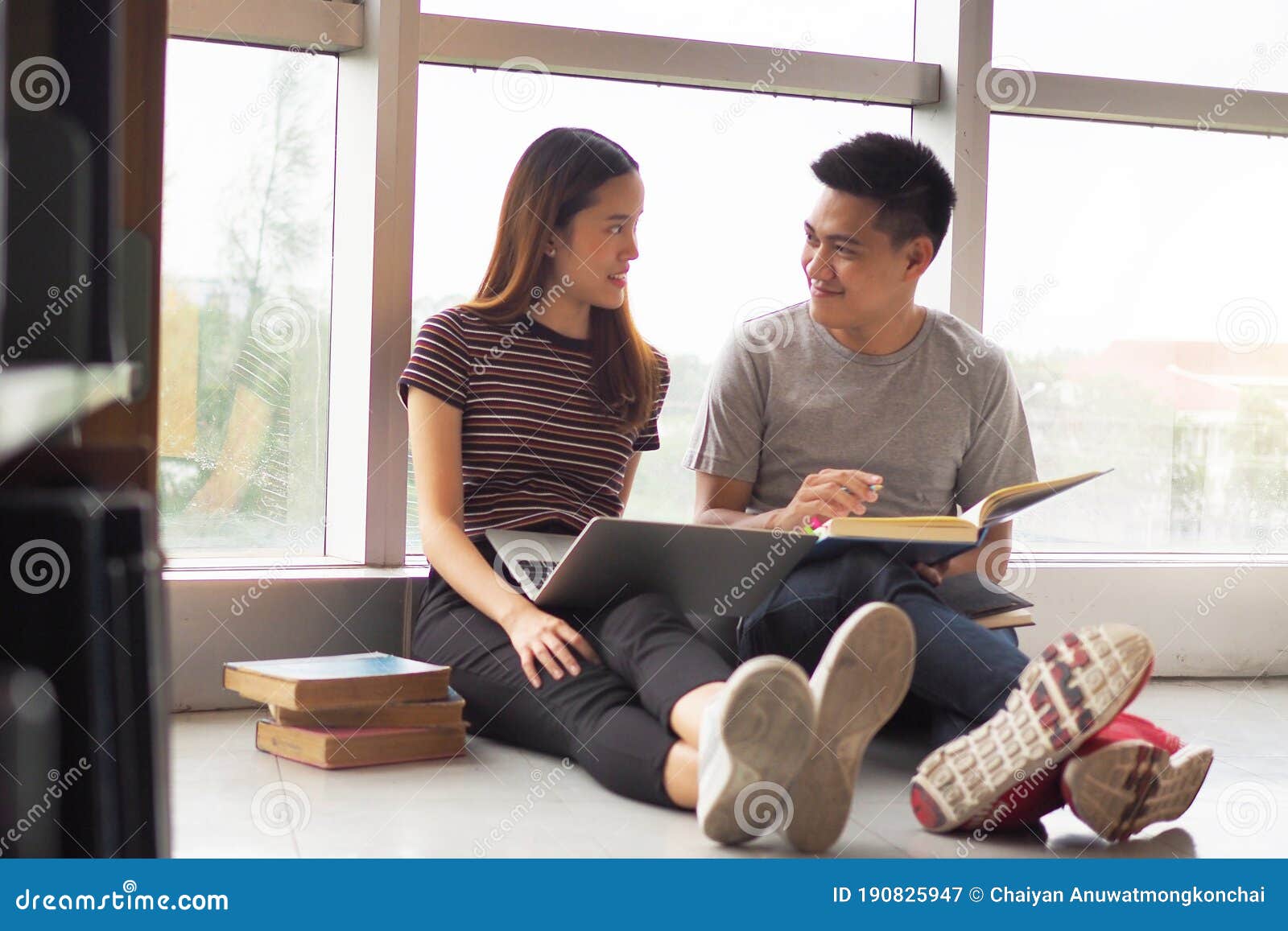 Two Students Study and Read Together in the Library Stock Image - Image ...