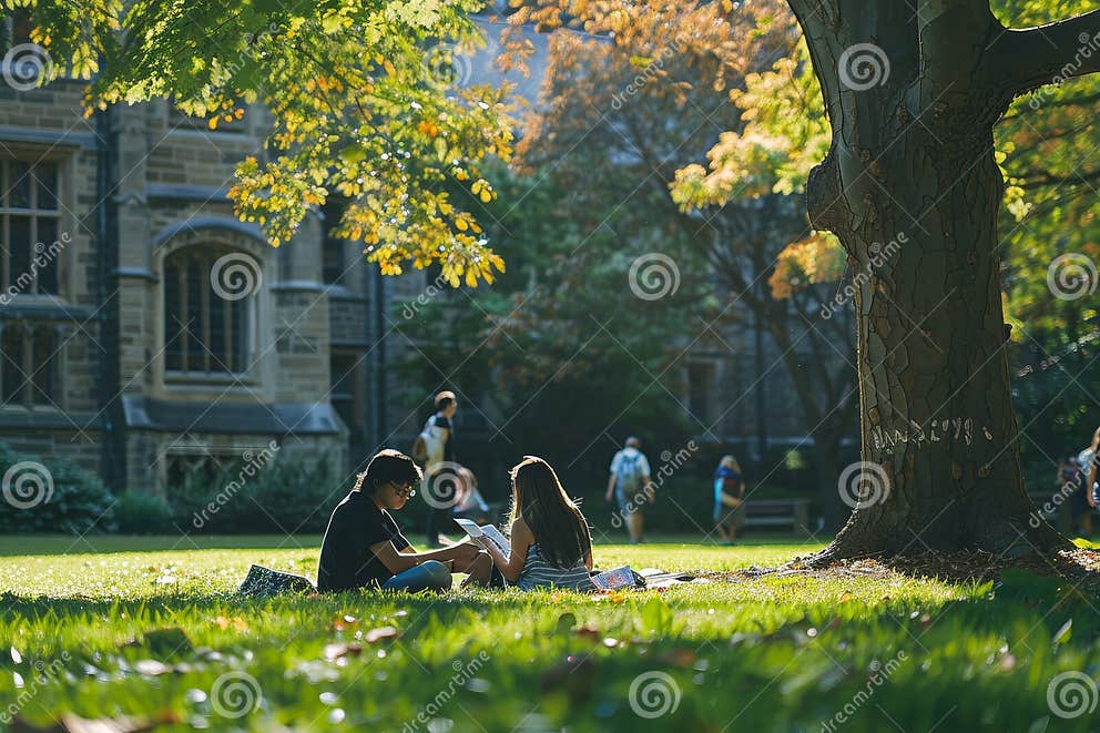 Two Students Study Under Leafy Trees on a Sunny University Quad ...