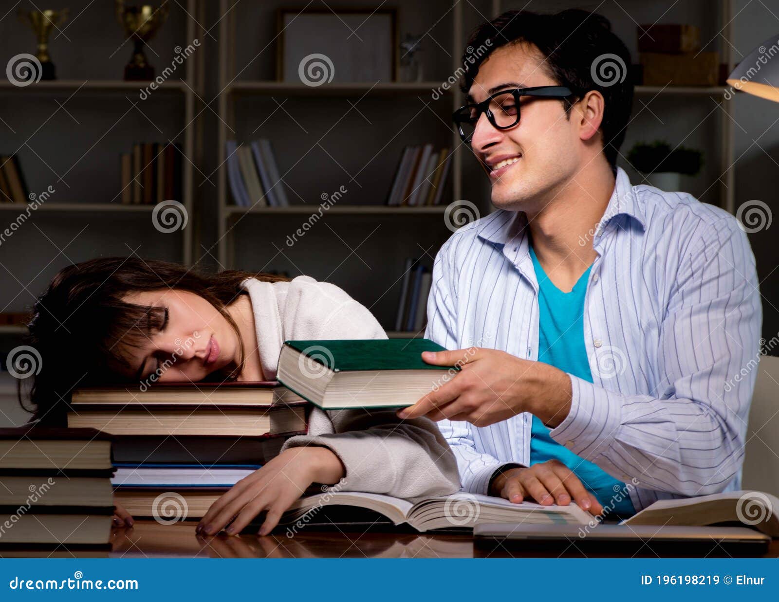 Two Students Studying Late Preparing for Exams Stock Image - Image of ...