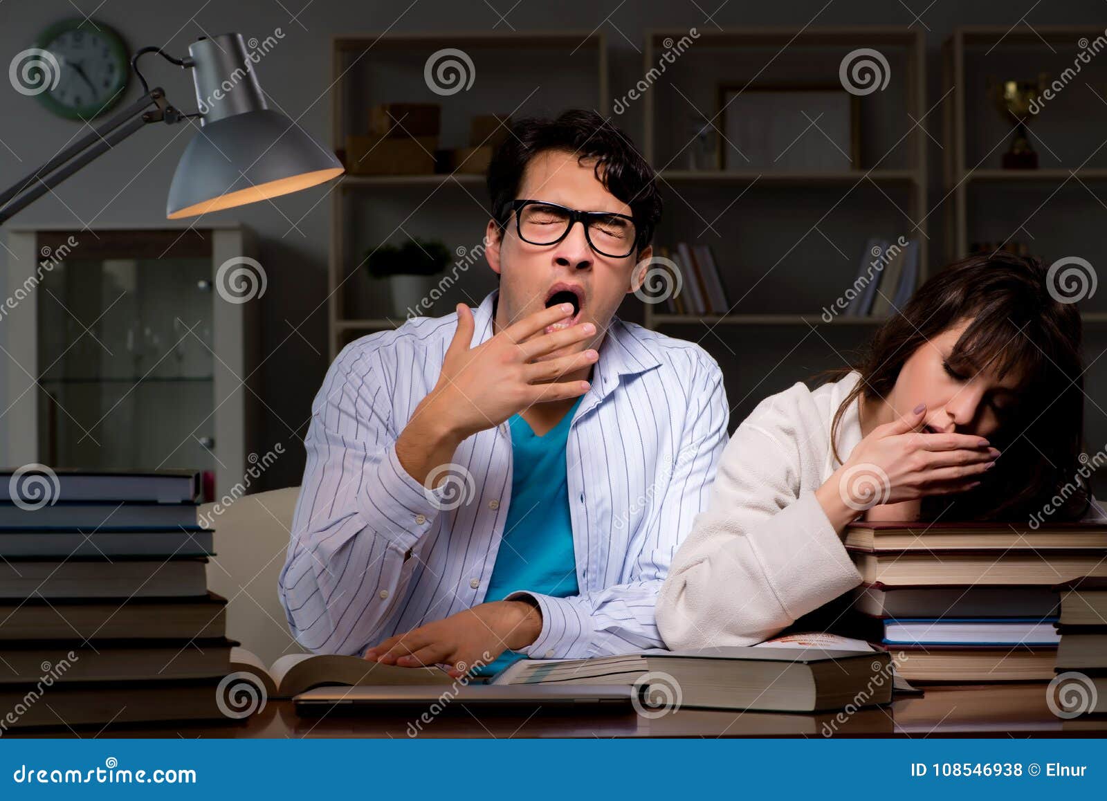 The Two Students Studying Late Preparing for Exams Stock Photo - Image ...