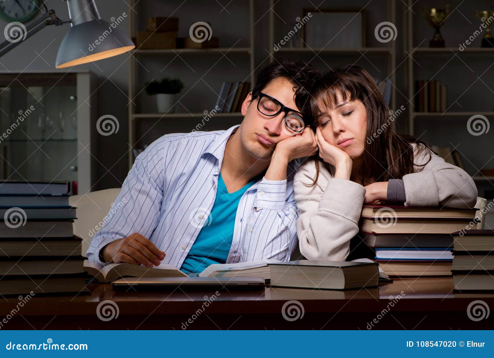 The Two Students Studying Late Preparing for Exams Stock Photo - Image ...