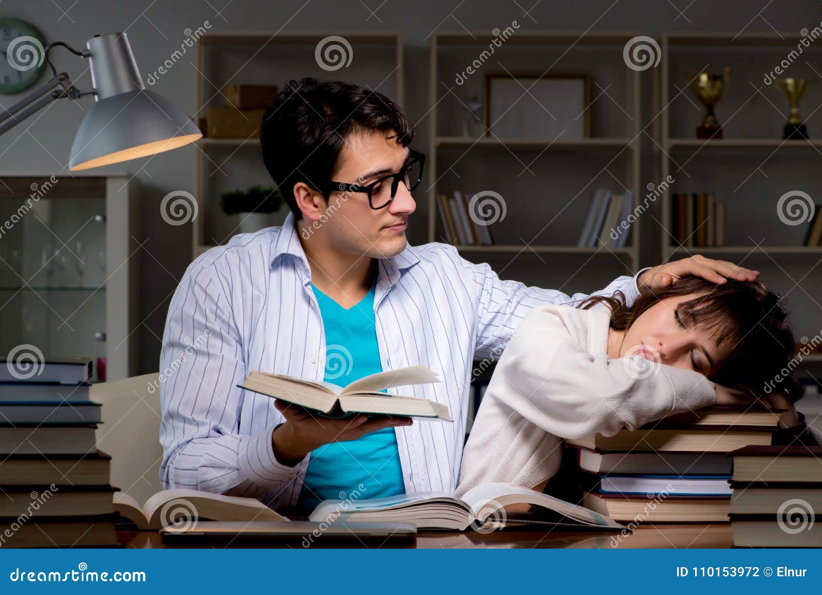 The Two Students Studying Late Preparing for Exams Stock Photo - Image ...