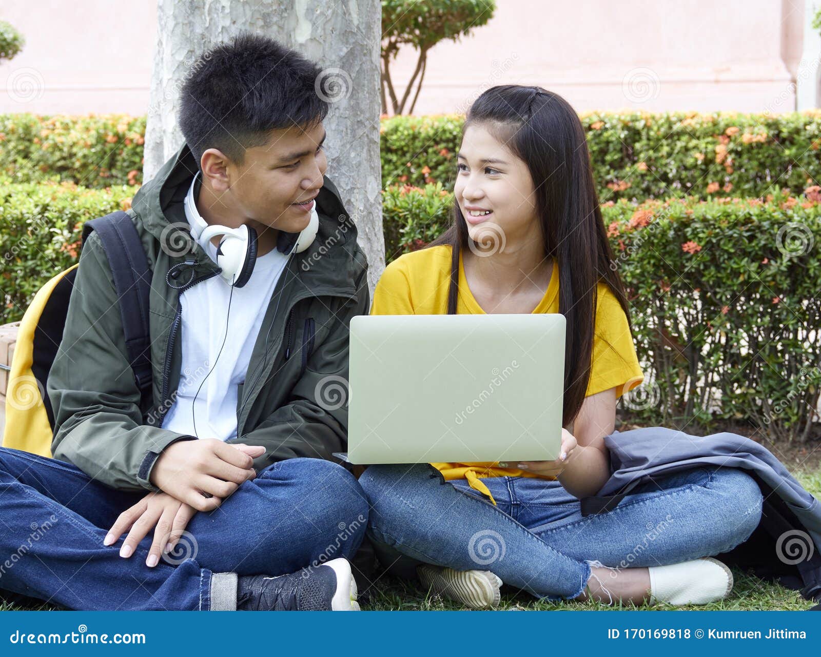 Two Students Using Laptop in the Park Stock Photo - Image of caucasian ...