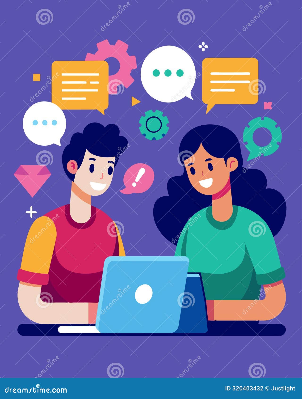 Two Students Working on Separate Laptops but Communicating and Sharing ...