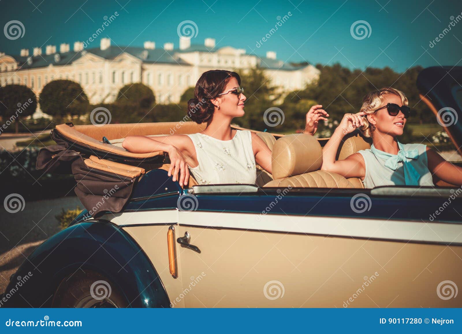 Two Stylish Ladies in a Classic Convertible Stock Photo - Image of ...
