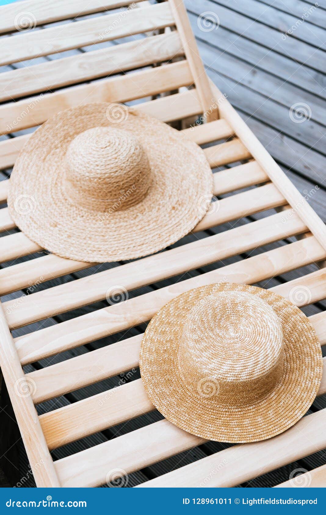 Two Stylish Wicker Hats on Chaise Lounge Stock Image - Image of stylish ...