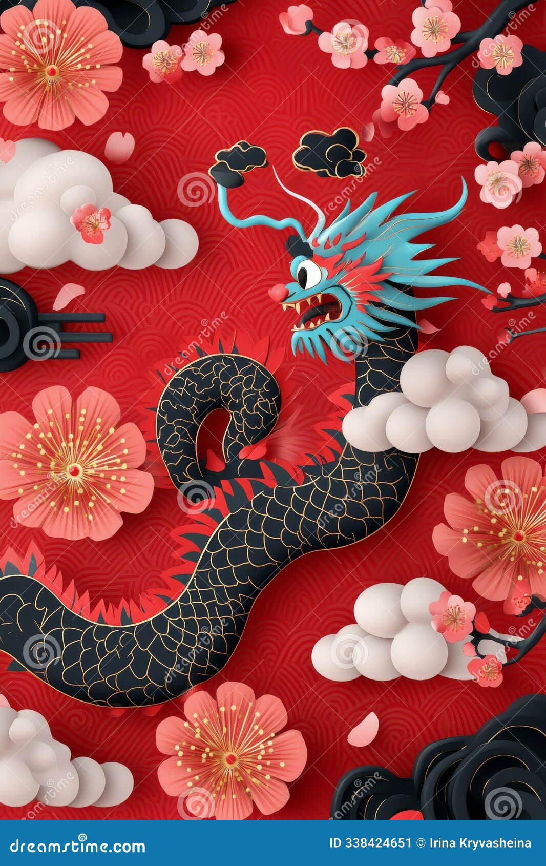 Two Stylized Dragons Playfully Interact Against a Vibrant Red ...