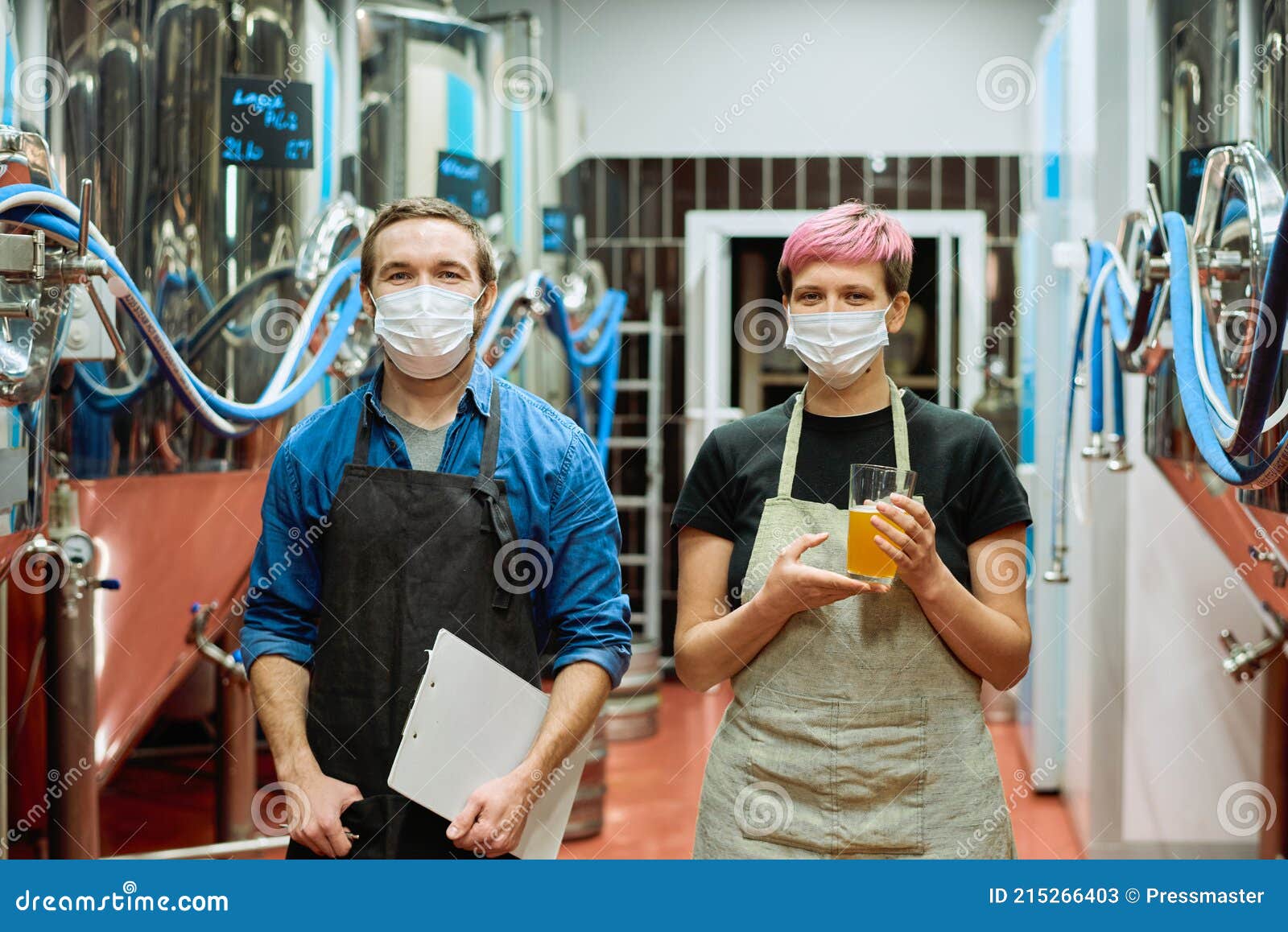 Two Successful Brewers in Workwear and Protective Masks Standing in ...