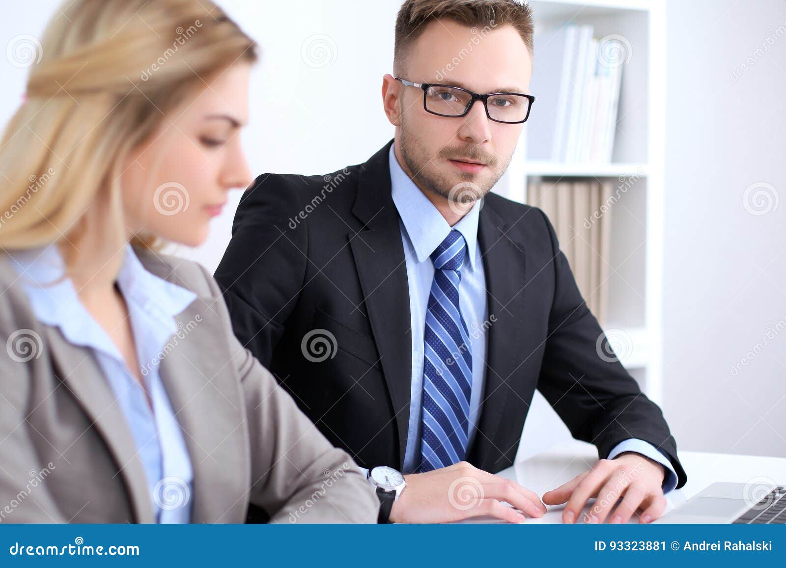 Two Successful Business Partners Working at Meeting in Office Stock ...