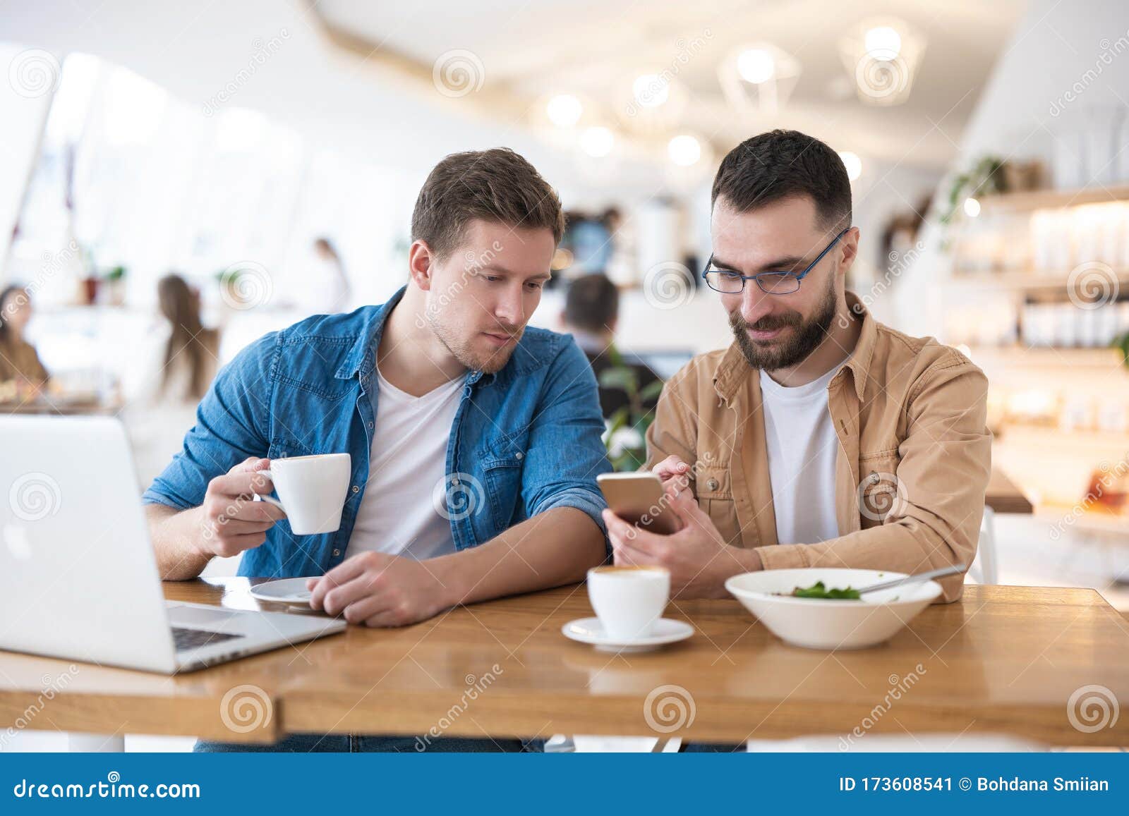 Two Successful Smiling Colleagues Men Out for Coffee Break at Cafe ...