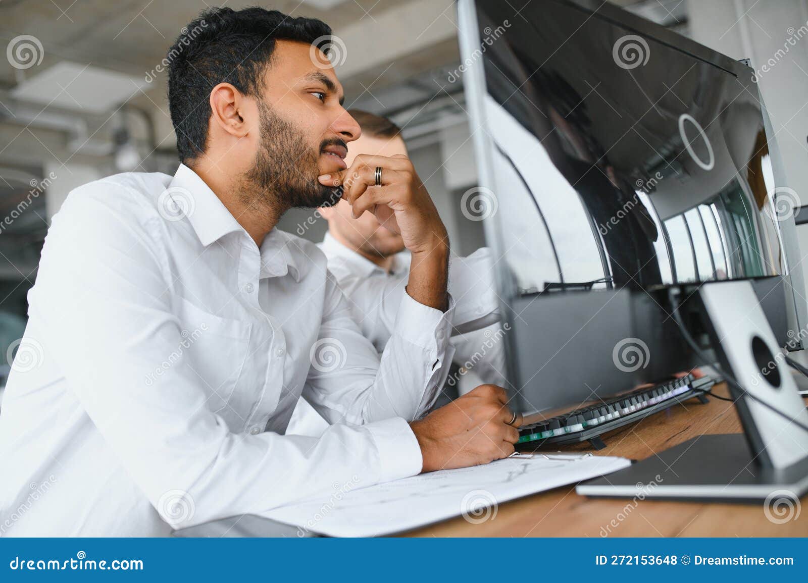 Two Successful Trader in Formalwear Pointing at Display, Analyzing Stat ...