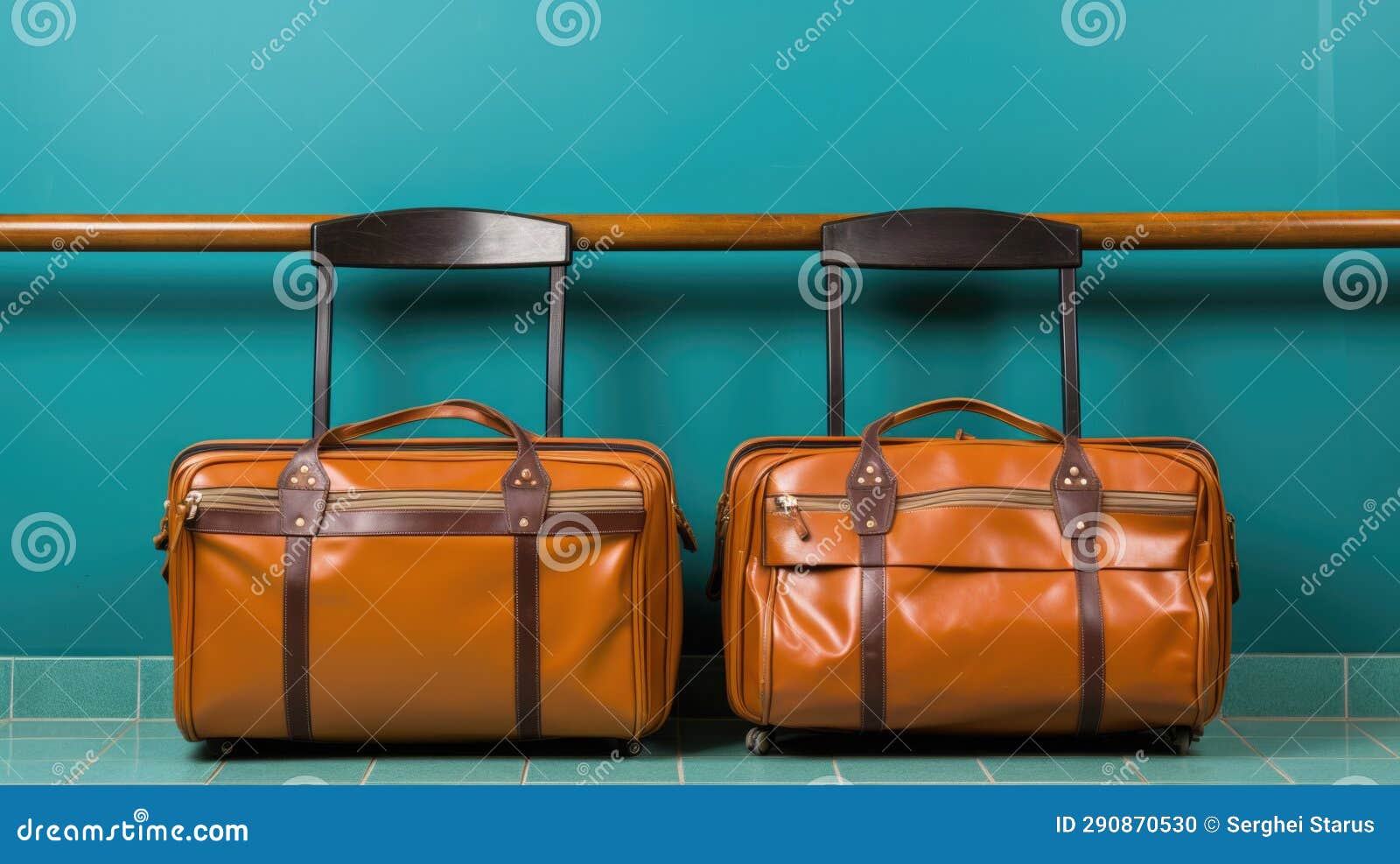 Two Suitcases Sitting on a Bench, AI Stock Photo - Image of indoors ...