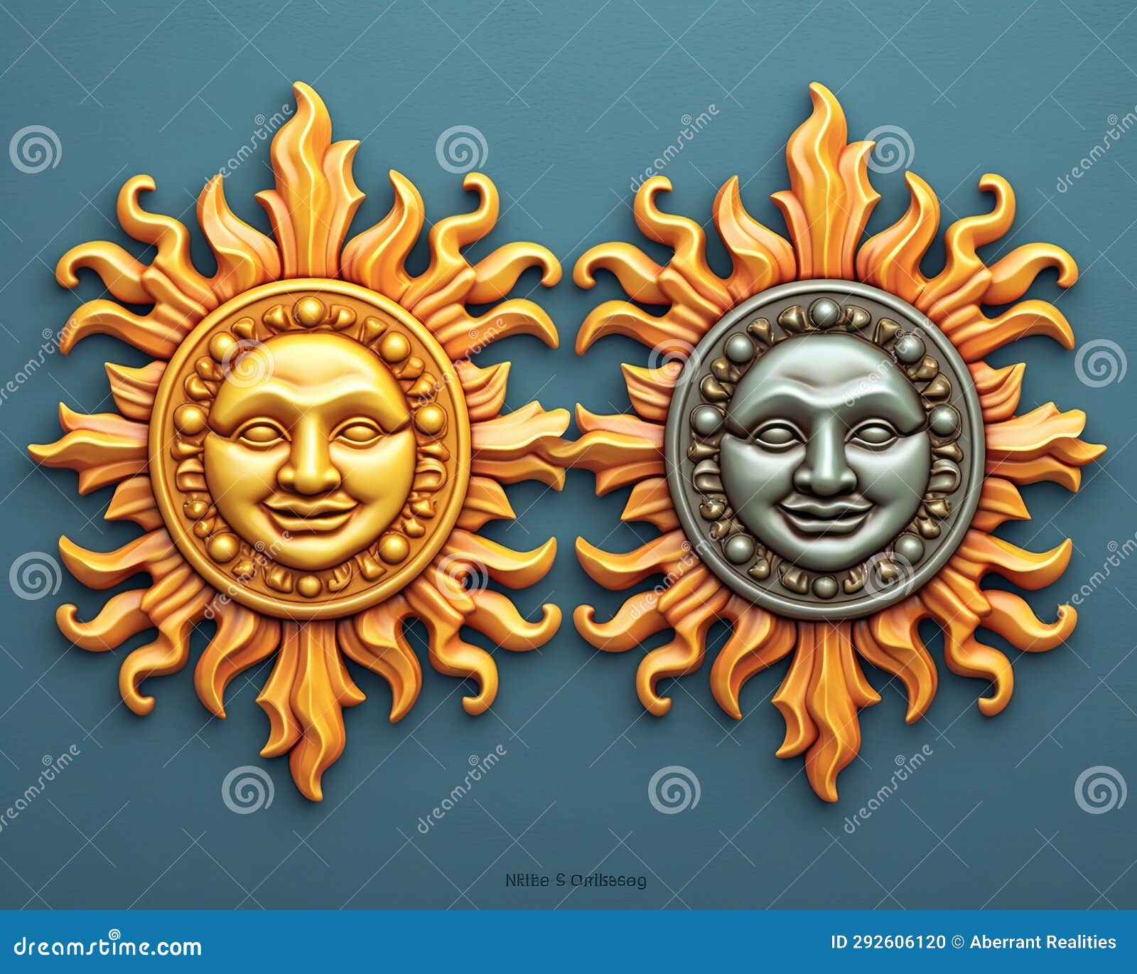 Two Sun Faces with Gold and Silver Faces on a Blue Background Stock ...