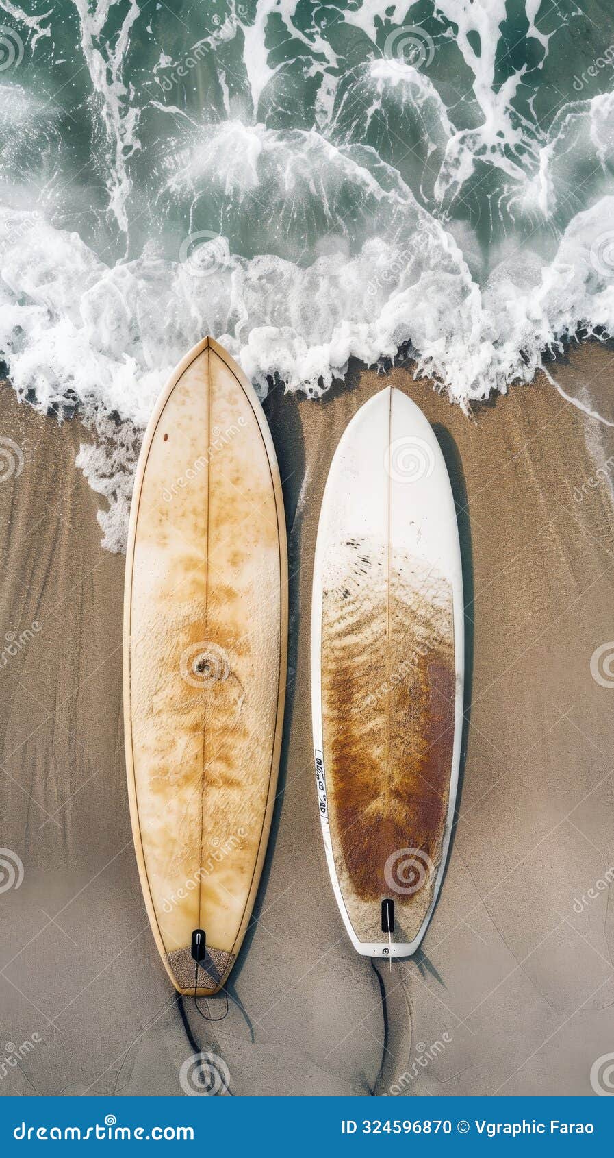 Two Surfboards on Sandy Beach with Ocean Waves, Top View. Surfing and ...