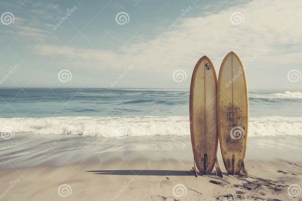 Two Surfboards Standing on a Sandy Beach by the Ocean. Stock Photo ...