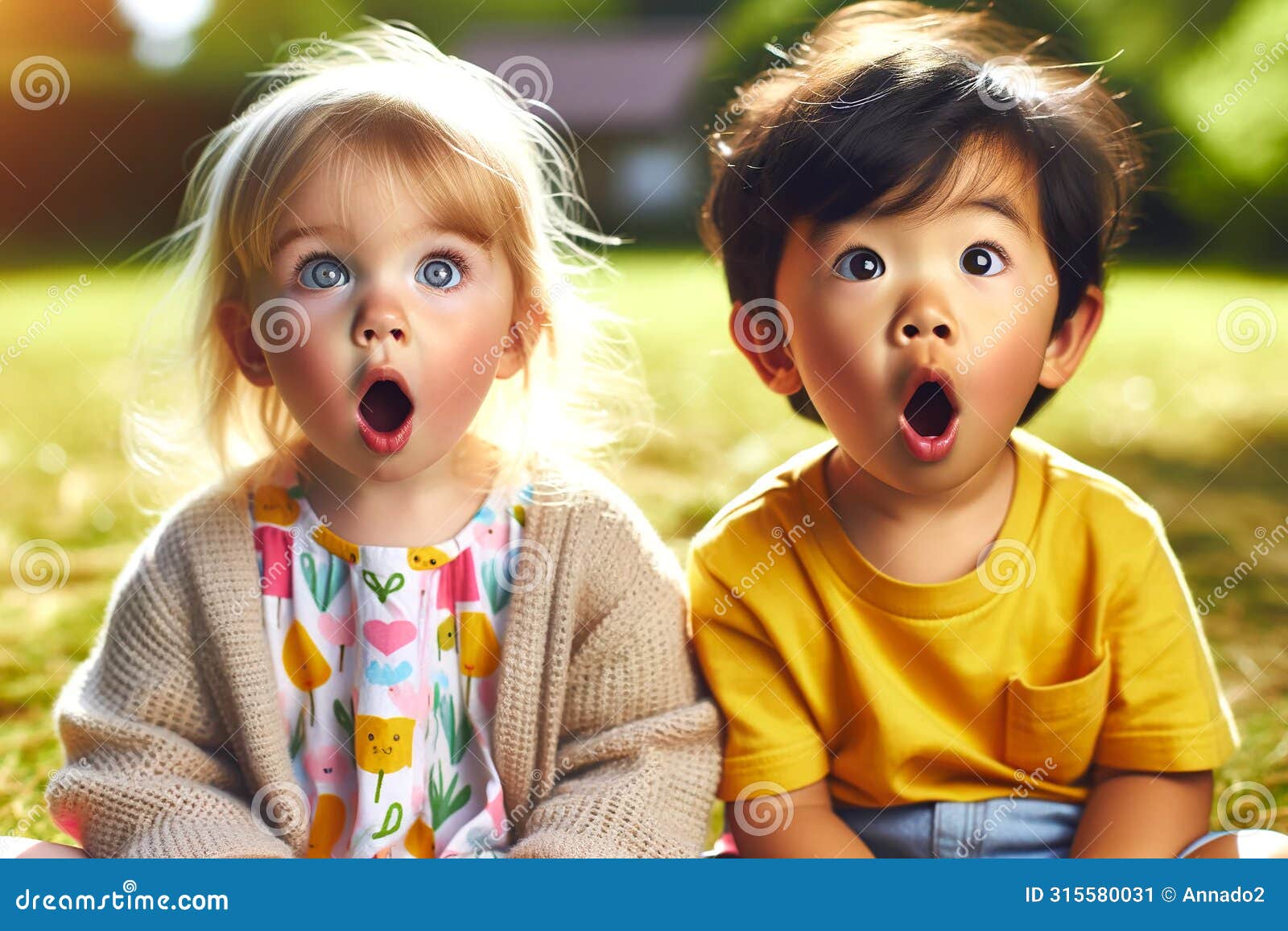 Two Surprised Kids with Open Mouths in the Park Stock Illustration ...