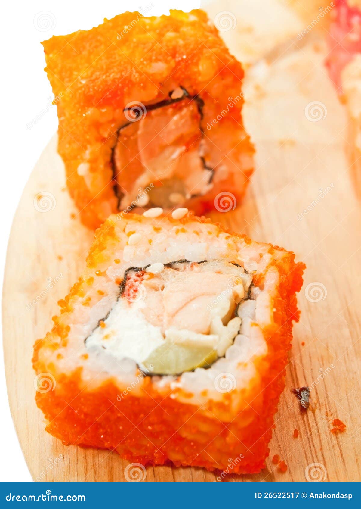 Two Sushi Roll with Salmon and Masago on the Desk Stock Image - Image ...