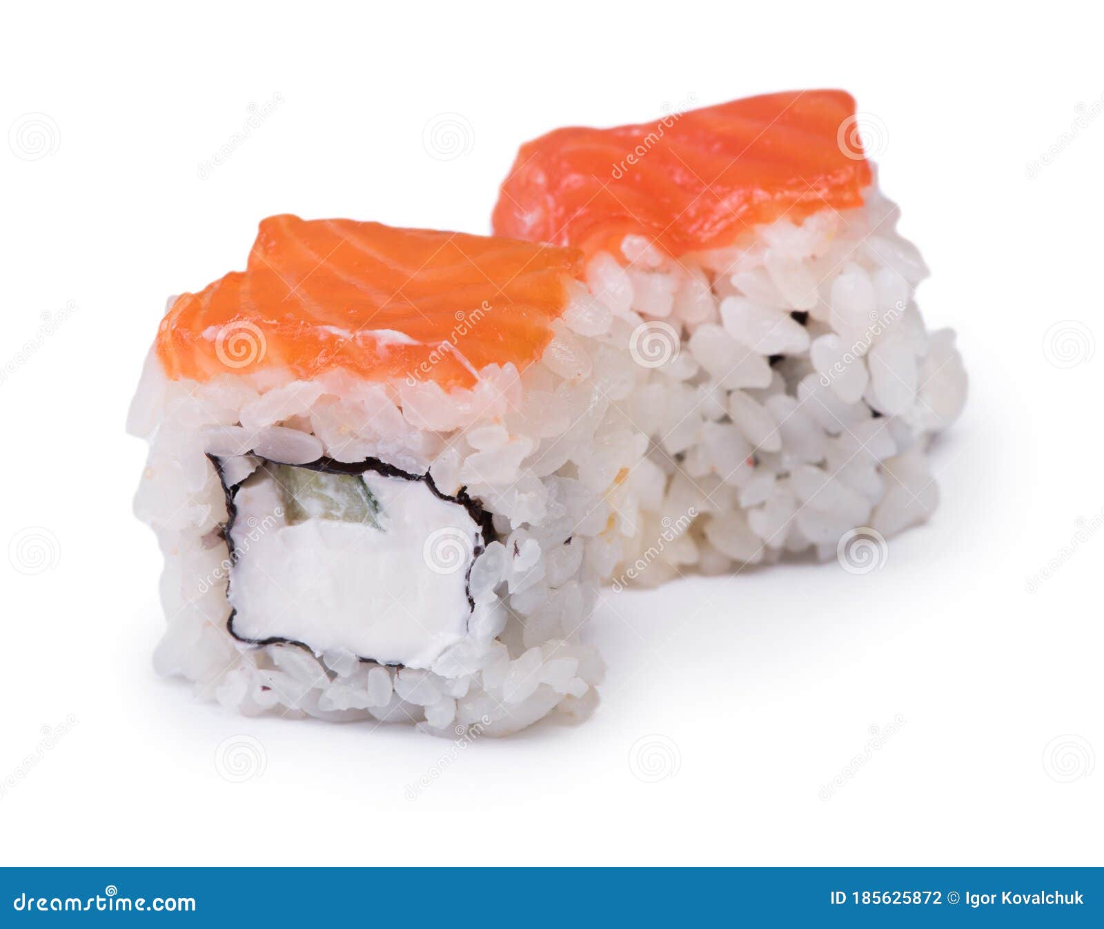 Two sushi rolls isolated stock photo. Image of rice - 185625872
