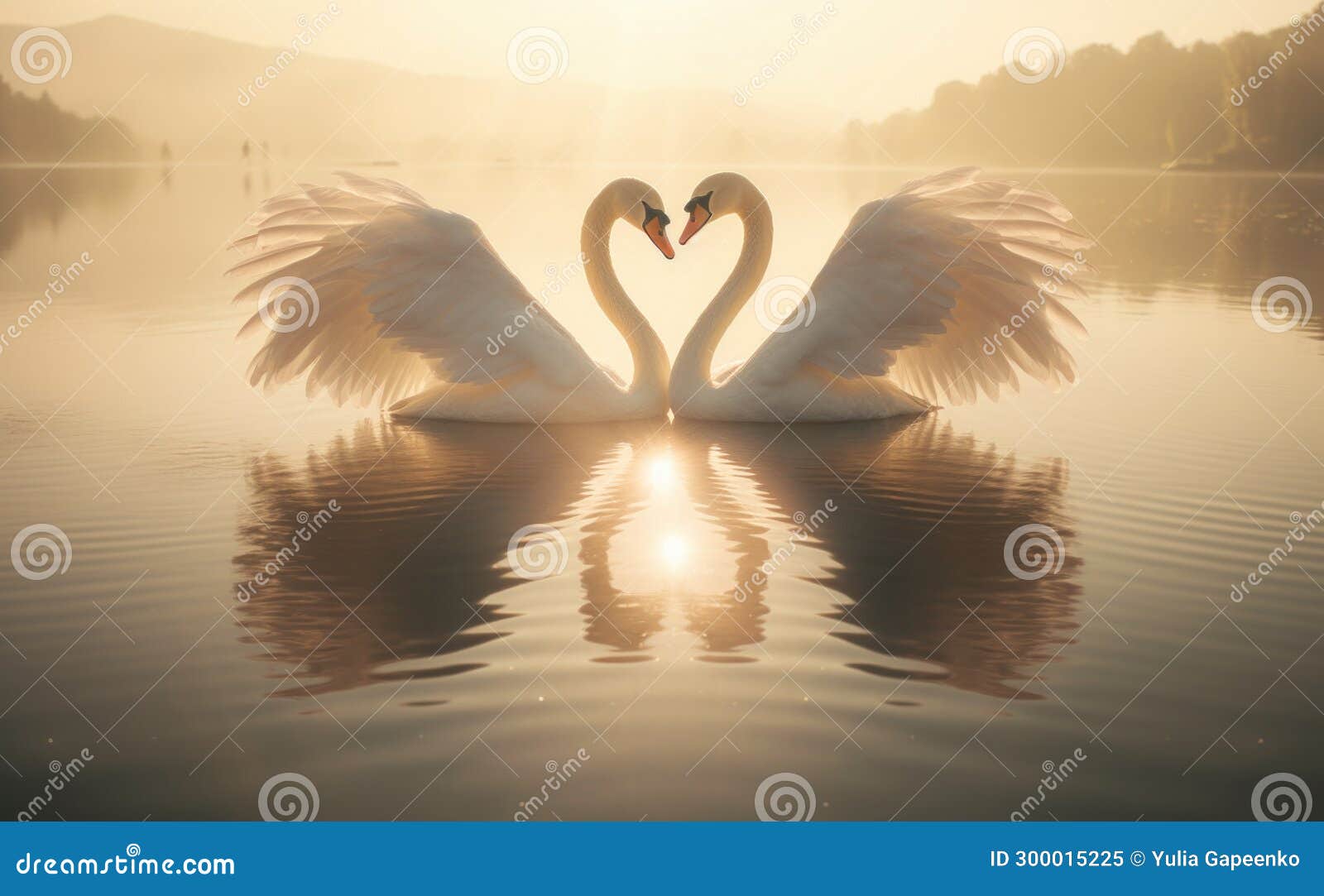 Two Swans are Floating in Front of a Lake in the Morning, Love and ...
