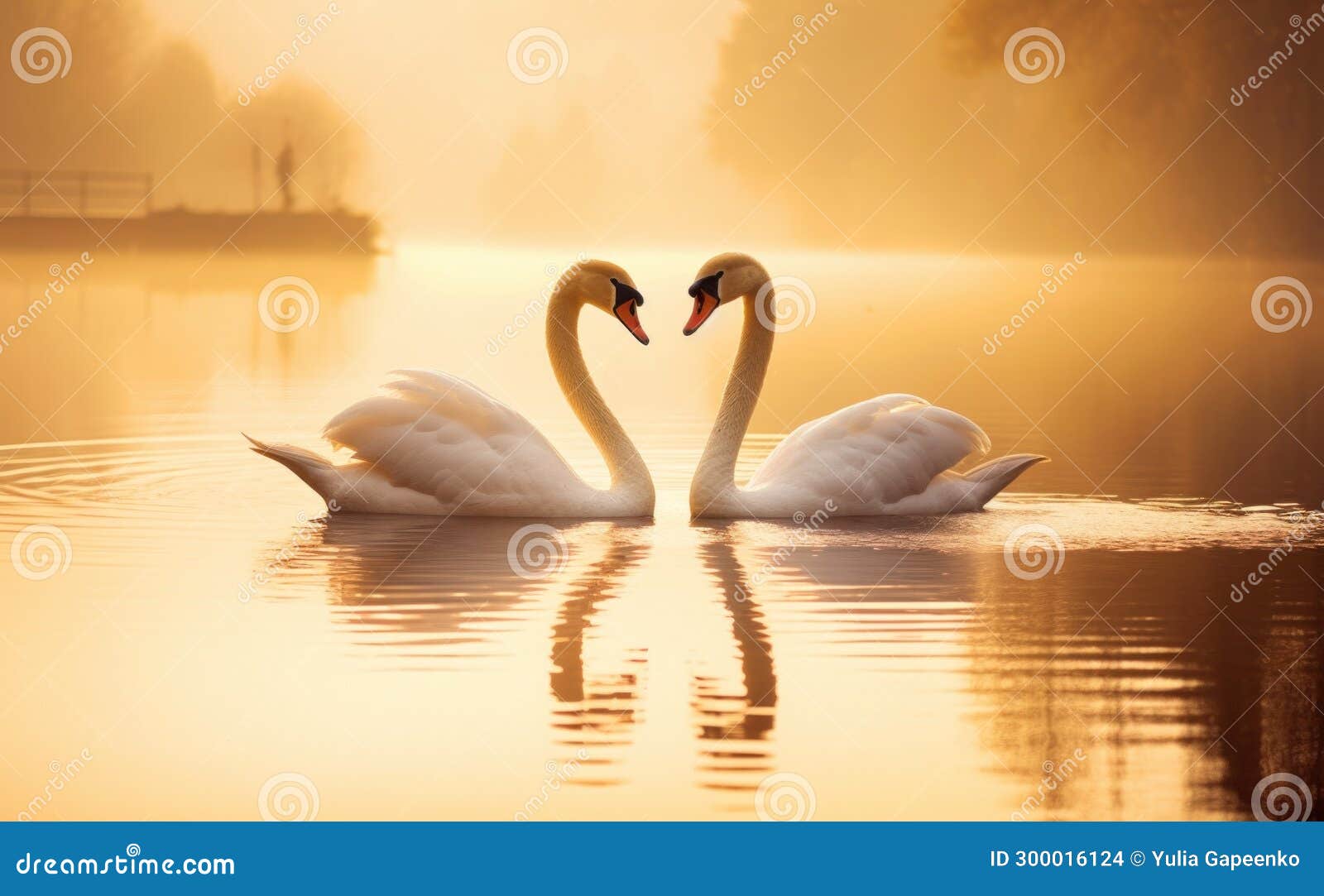 Two Swans are Floating in Front of a Lake in the Morning, Love and ...