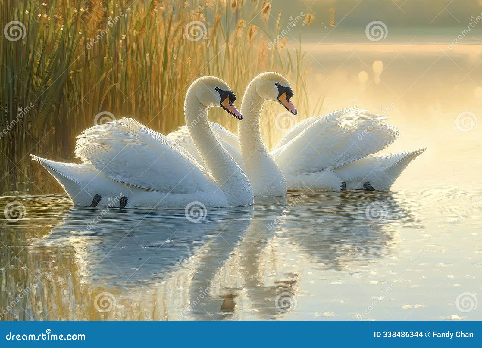 Two Swans in Golden Hour stock illustration. Illustration of morning ...