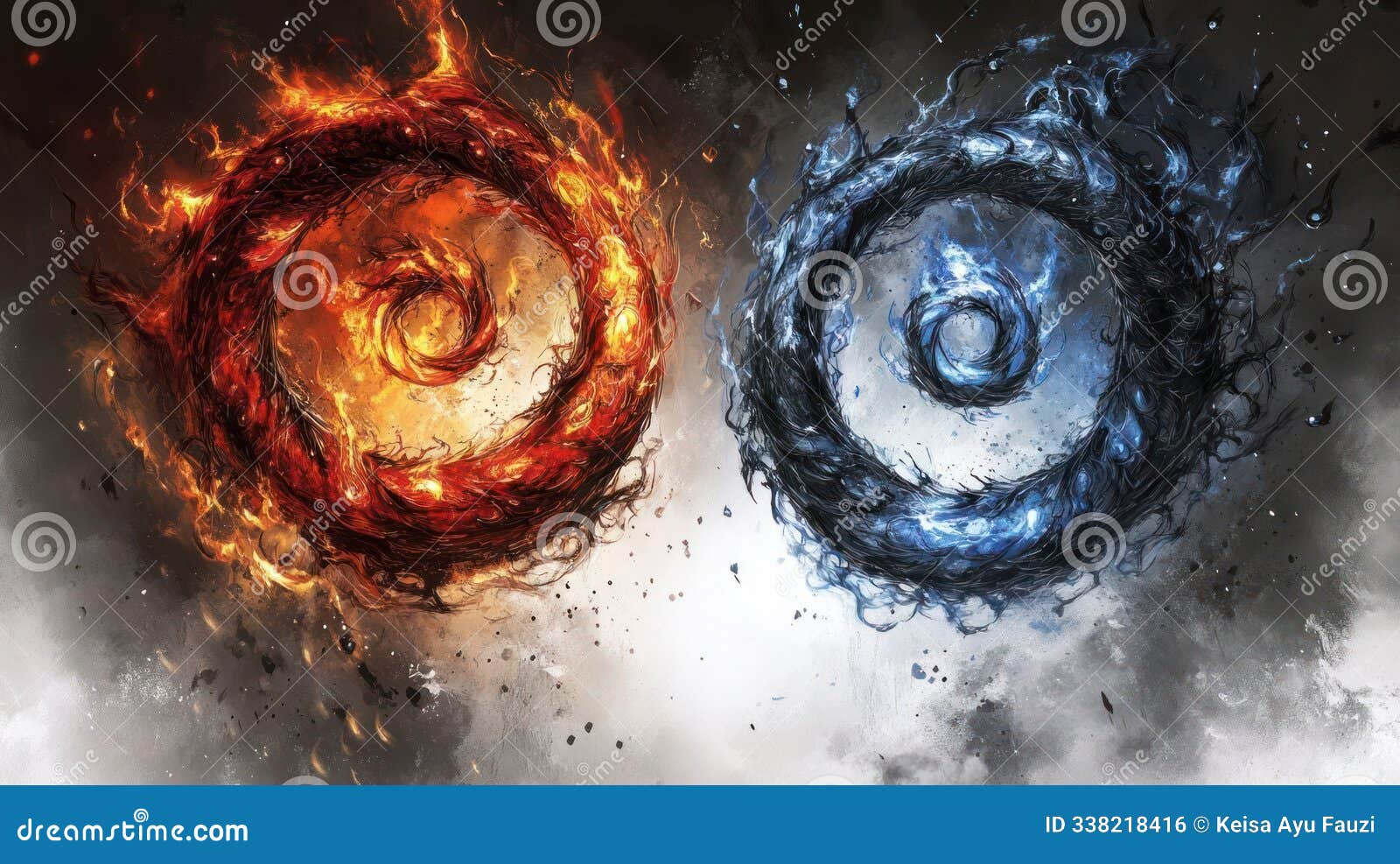 Two Swirling Symbols Representing Fire and Water Elements in a Dramatic ...