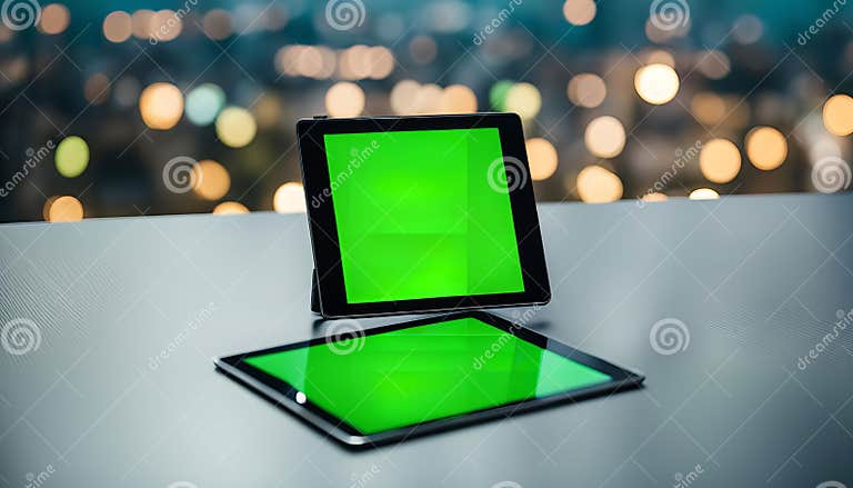 Two Tablets with Green Screens on a Table Stock Illustration ...