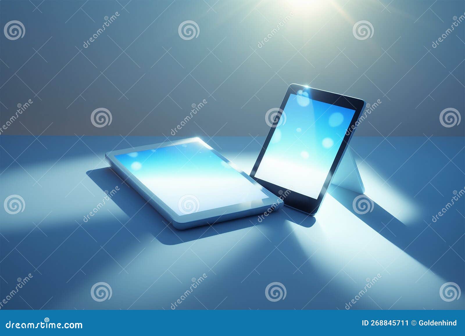 Two Tablets on a Table with Blue Screen Saver. Realistic Devices Mockup ...