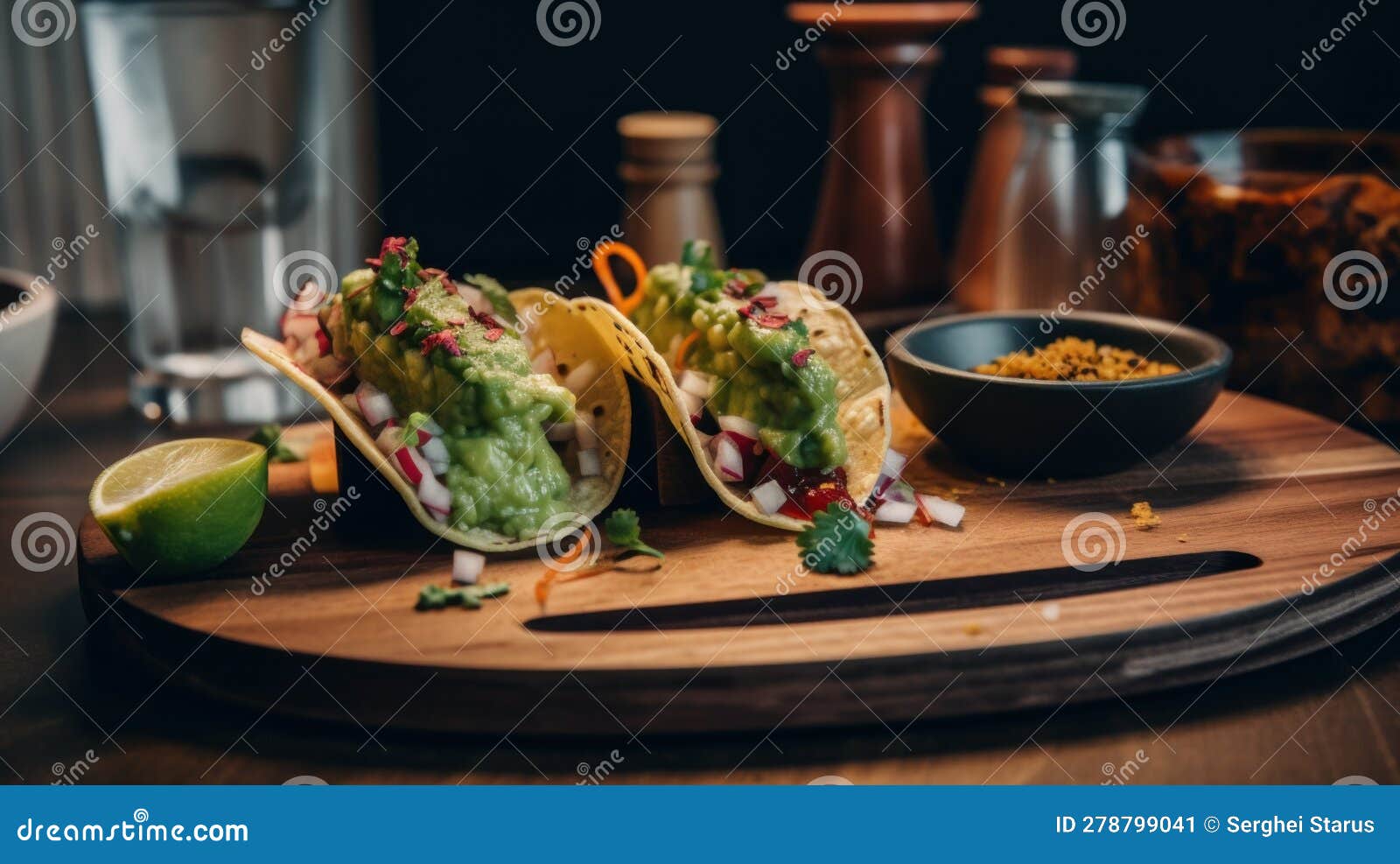 Two Tacos on a Cutting Board with a Bowl of Guacamole. Generative AI ...