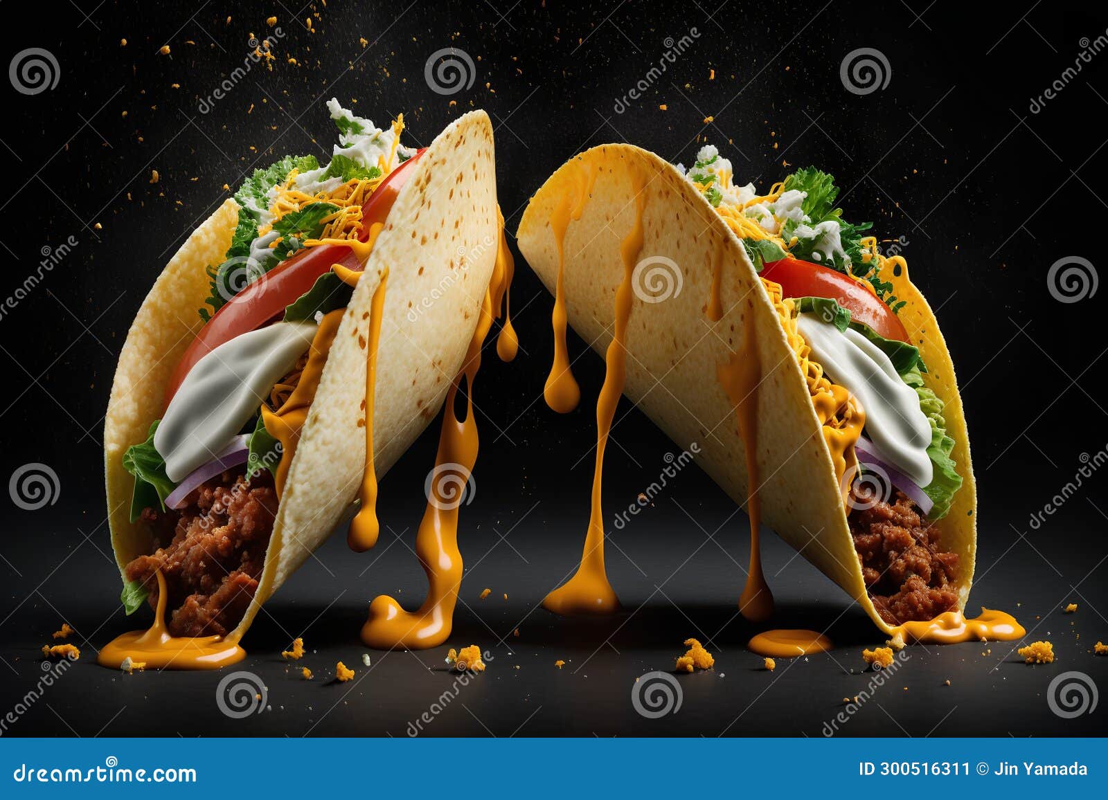 Two Tacos with Meat, Vegetables and Sauce on a Black Background. Stock ...